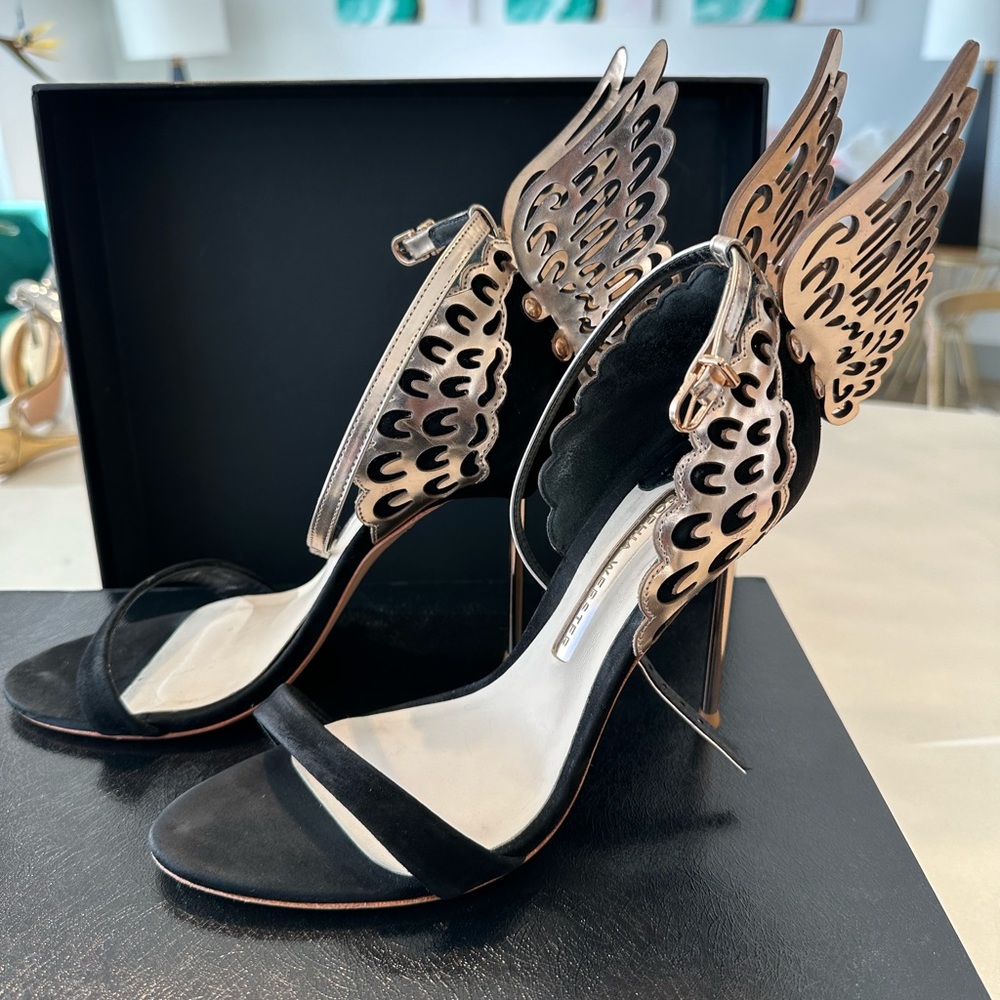 Evangeline Angel Wing Sandals, Black/Rose Gold - Gem